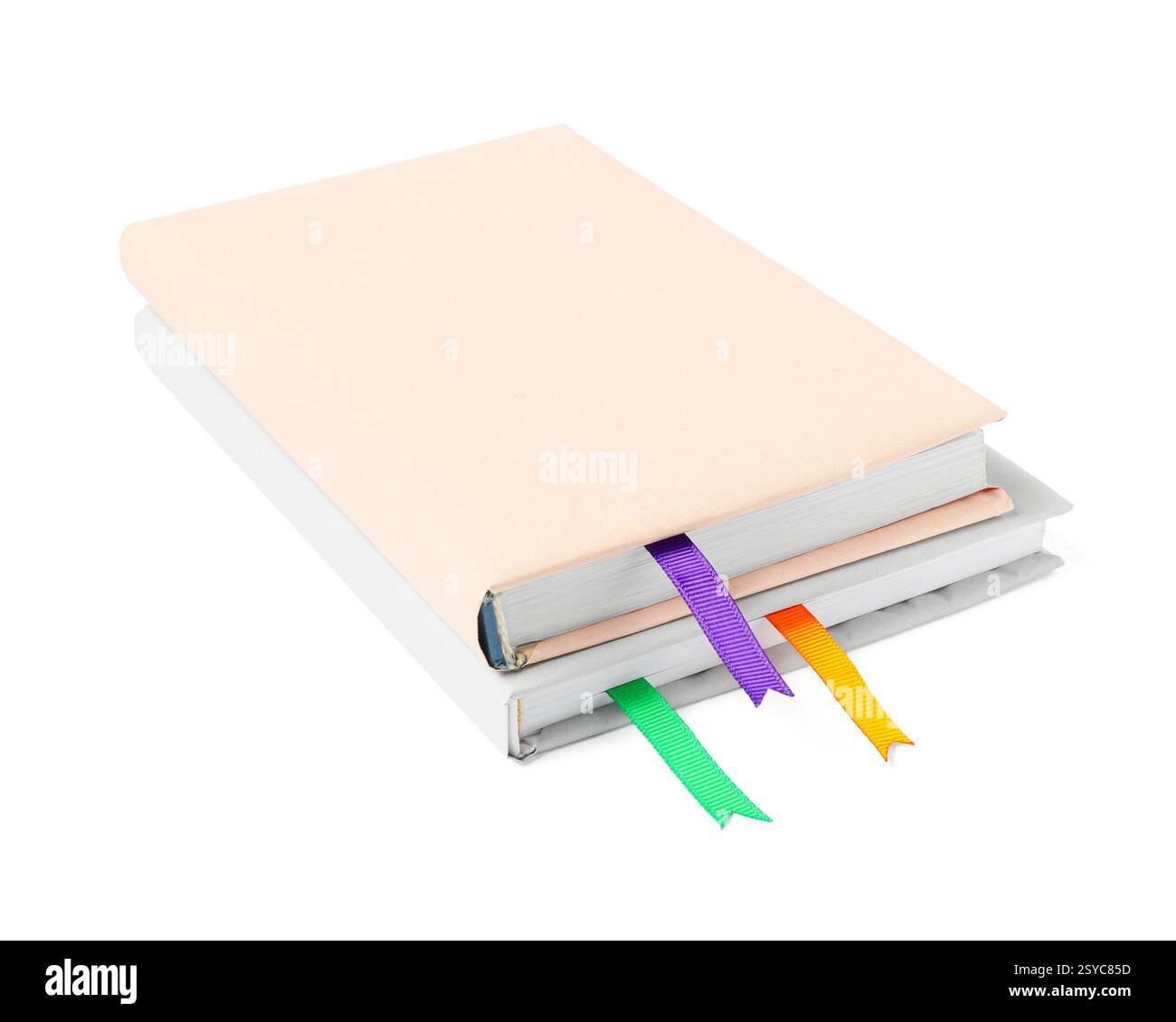 Books with ribbon bookmarks isolated on white Stock Photo - Alamy