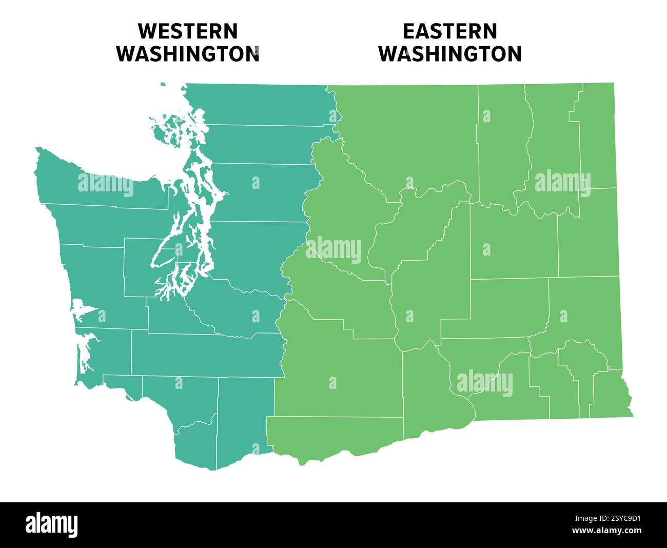 Western and Eastern Washington, political map. Regions of the state of Washington, in the ...