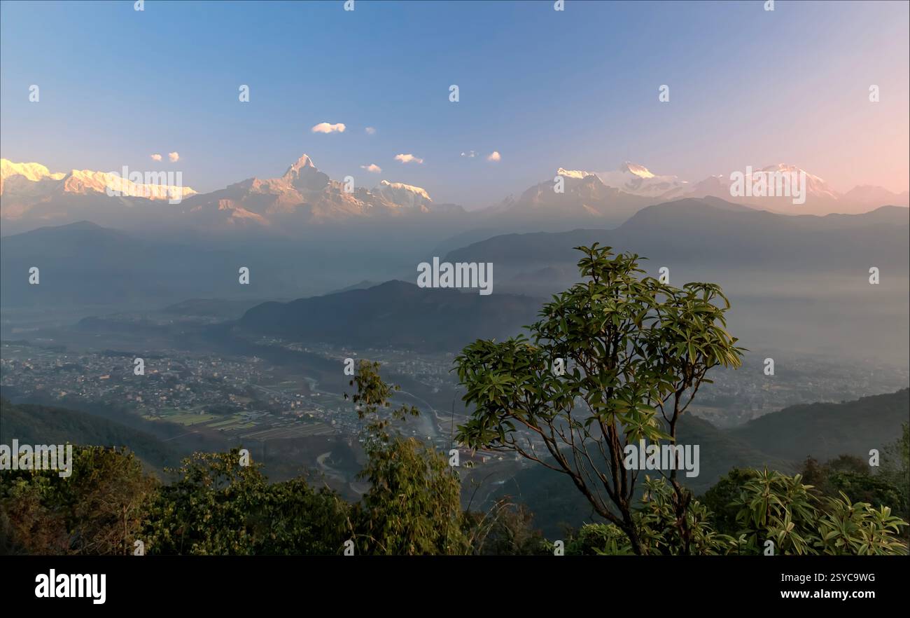 Nepal Valley, Nepal - February 8th 2025 - Sunrise over the Himalayan ...