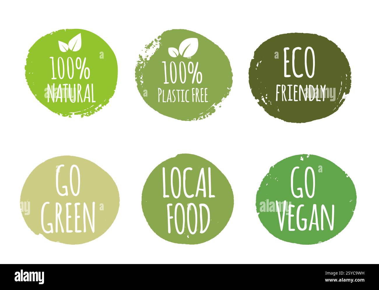 Set of eco-friendly badges with green watercolor circles and white text ...