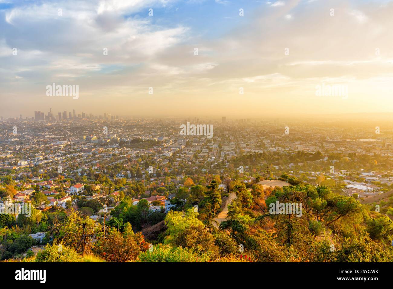 Sunset view of Los Angeles skyline from the Griffith Observatory overview, showcasing urban ...