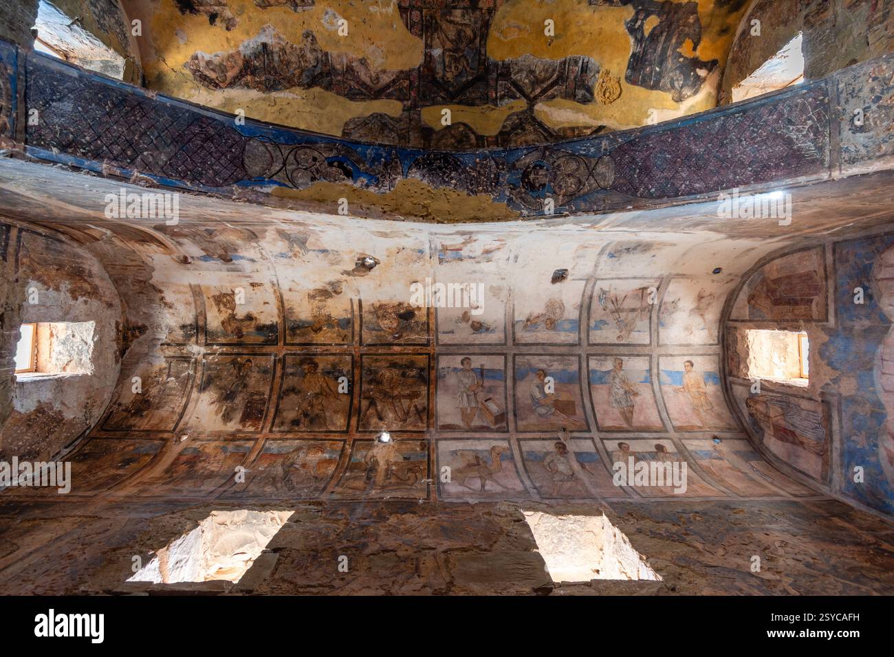 Arch with early Islamic ceiling frescos at Qusayr Amra, Jordan Stock ...