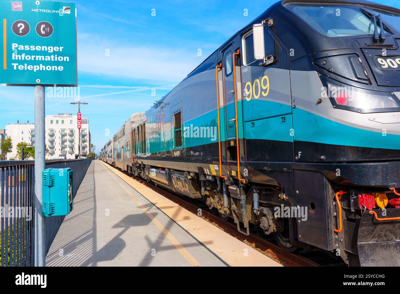 Oceanside, California - December 26, 2024: Metrolink train stopped at a ...