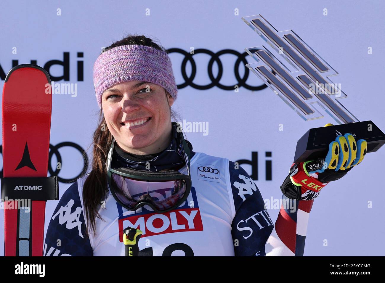 Third placed United States' Breezy Johnson celebrates after an alpine ...