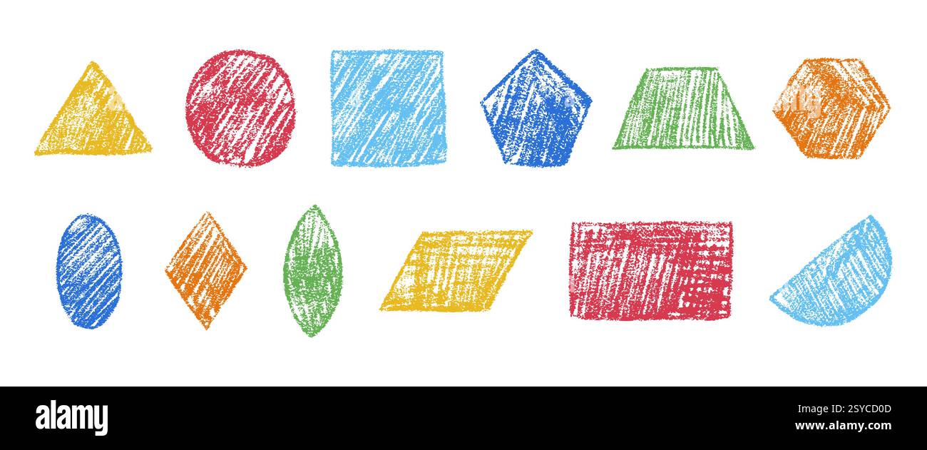 Pastel kids geometric shapes with crayon brush texture. Colored pencil ...