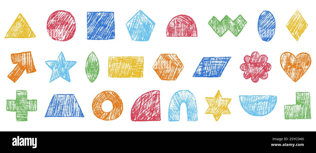 Set of color pencil kids geometric shapes with charcoal texture. Crayon ...
