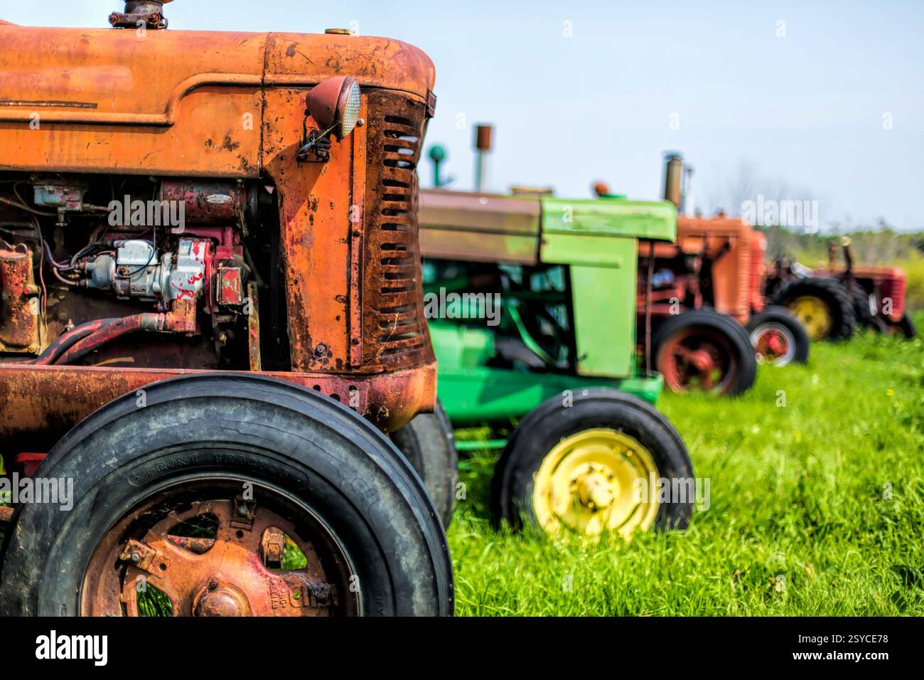 Row of old tractors are parked in a field. The tractors are of ...