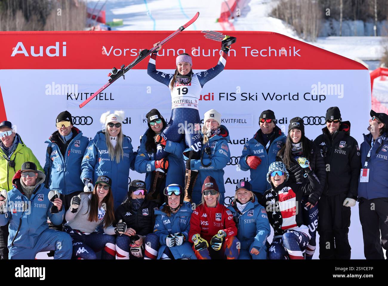 Third placed United States' Breezy Johnson celebrates with her team ...