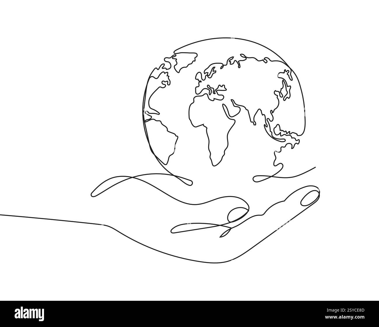 Minimalist continuous one line drawing of Earth held in hands with a ...
