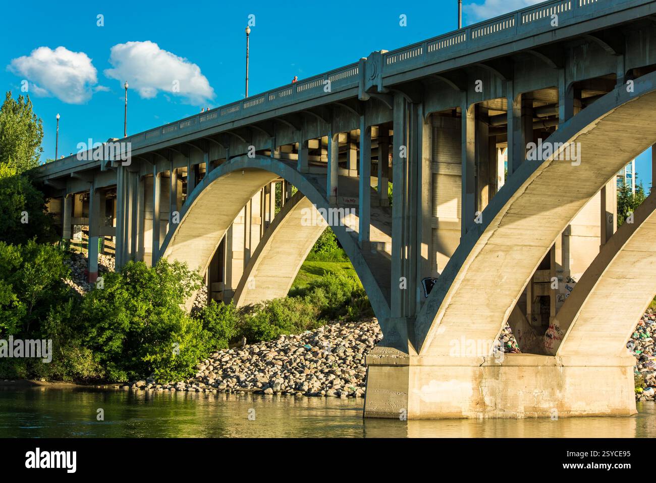 Bridge with a lot of trees and rocks in the background. The bridge is ...