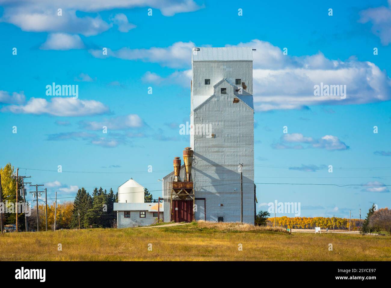 Large silo is in the middle of a field. The silo is surrounded by a ...