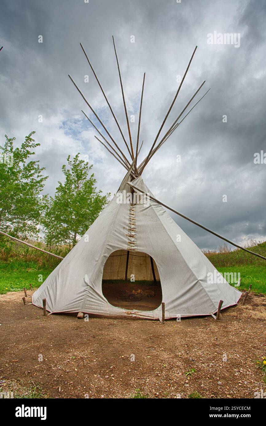 Teepee is standing in a field. The teepee is white and has a pointed ...