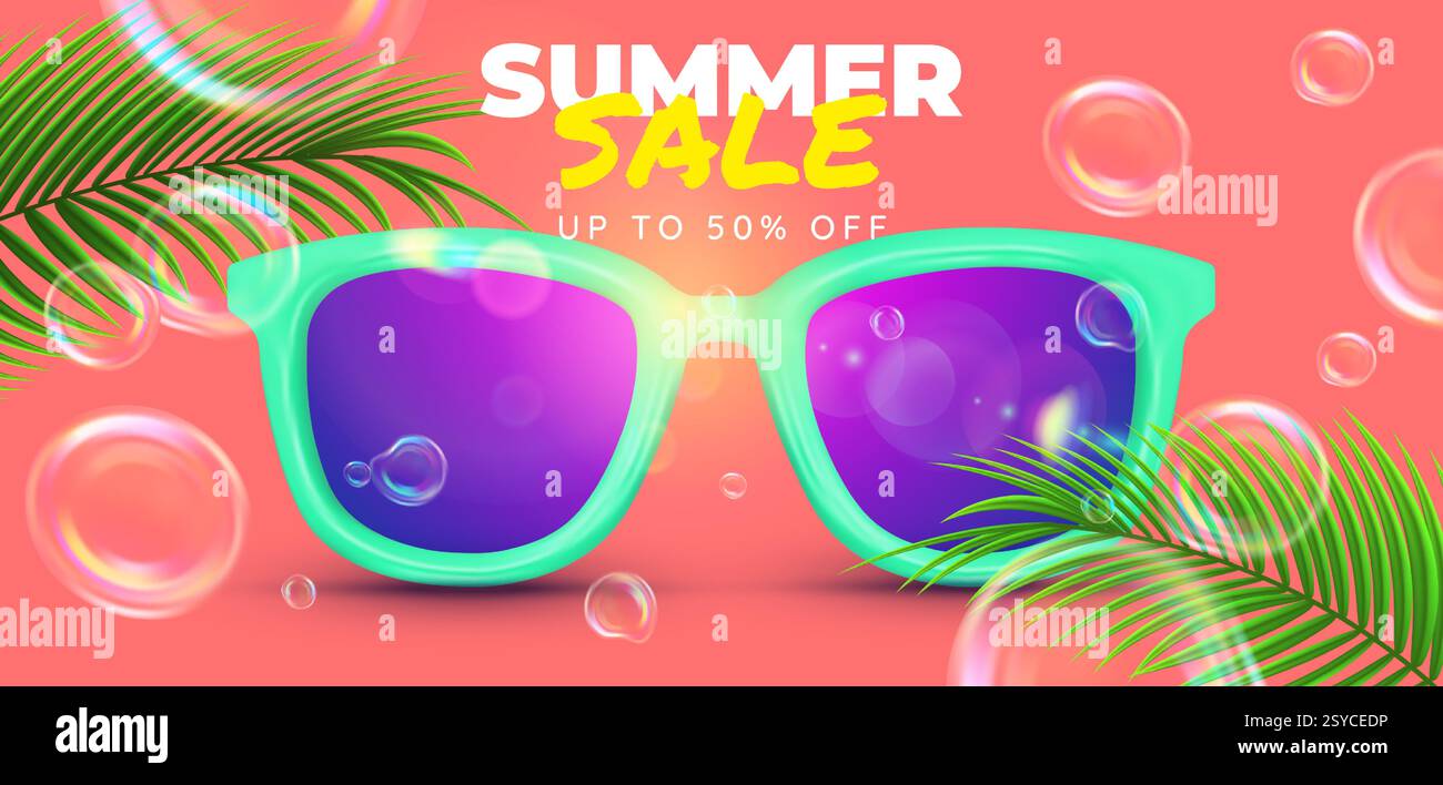 Sunglasses banner 50 OFF pastel colors ,palm decoration, floating ...