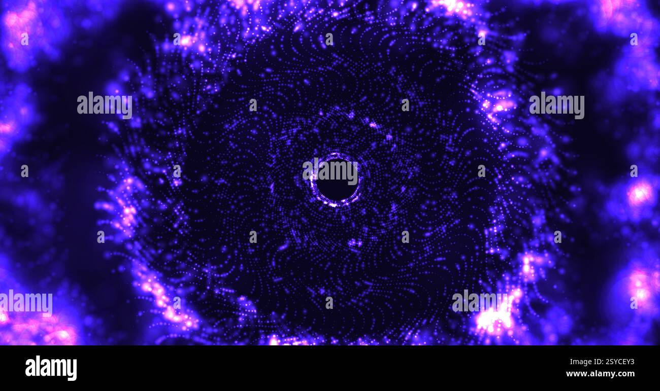 Neon particles tunnel. Magic purple abstract cosmic background. Light ...