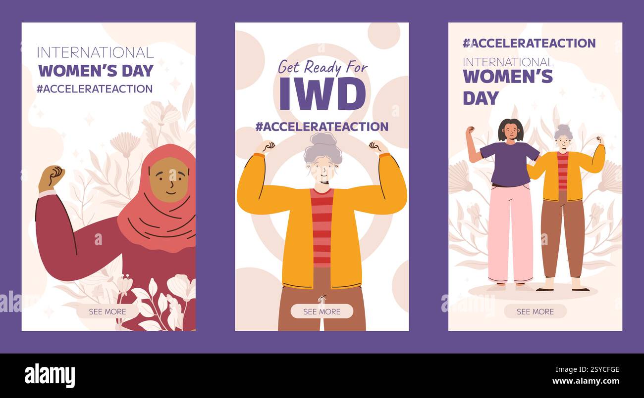 IWD 2025 Set of illustrated International Women's Day posters featuring diverse women in ...