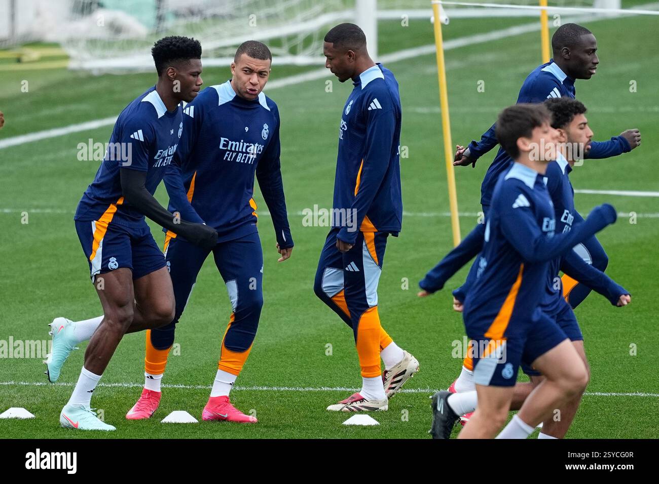 Aurelien Tchouameni, Kylian Mbappe and David Alaba during the training ...