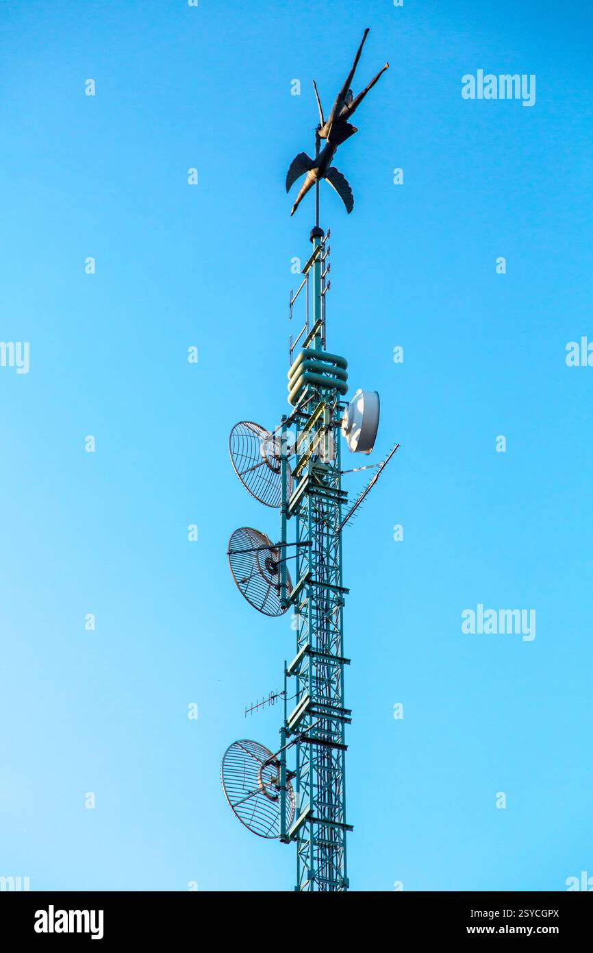 Tall tower with a weather vane on top. The weather vane is shaped like ...