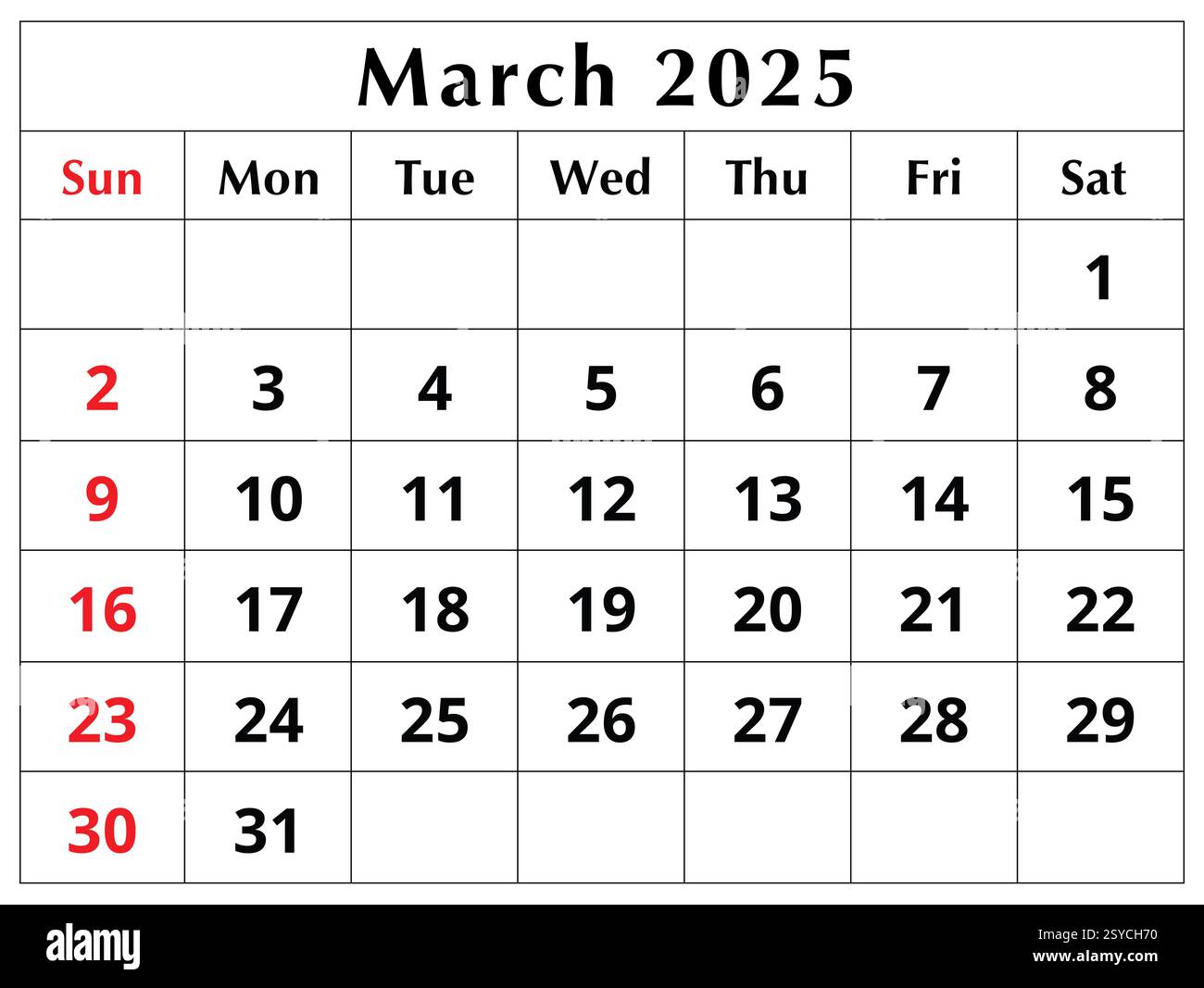 March 2025 ENGLISH spring month calendar. printable illustration ...