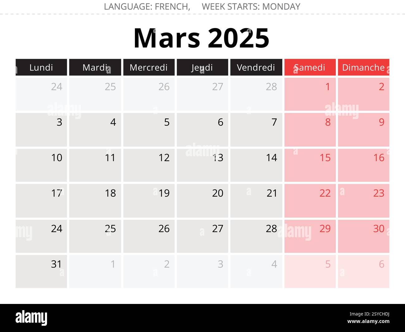 French calendar for march 2025. Vector illustration of a spring month ...