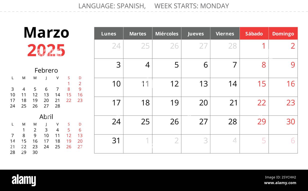2025 Spanish march calendar - month marzo. Vector illustrations for ...