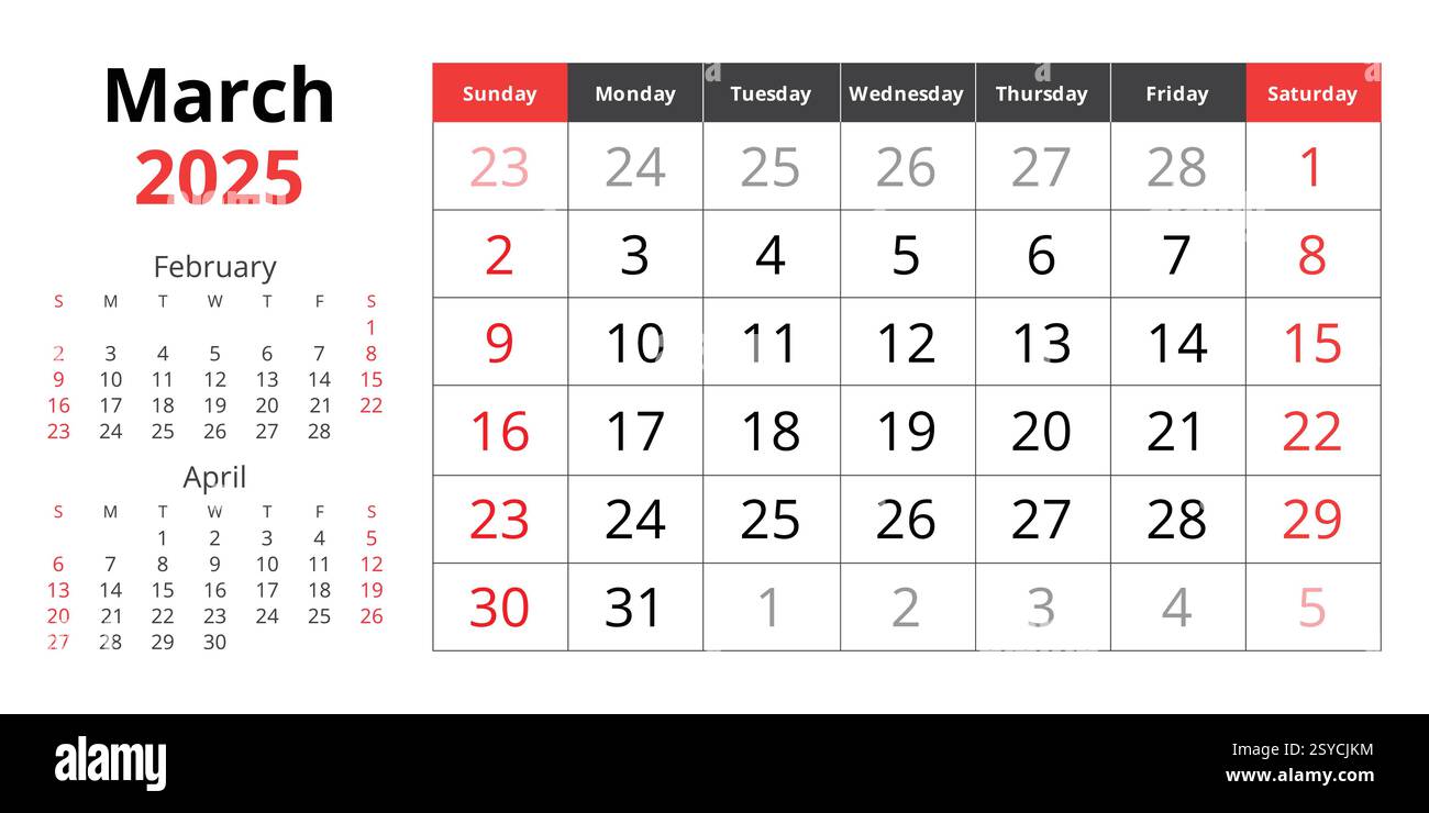 2025 march calendar. Vector English monthly. Spring month. Design with ...
