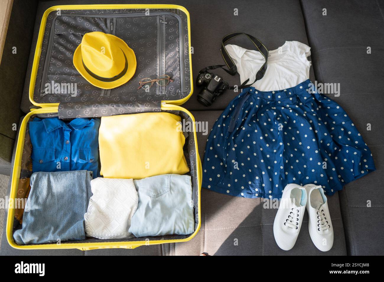 Travel Wardrobe Packing Open Suitcase and Outfit Flat Lay Stock Photo ...