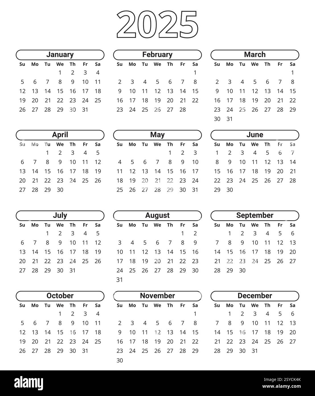 2025 year english vector calendar with 12 months in contours Stock ...