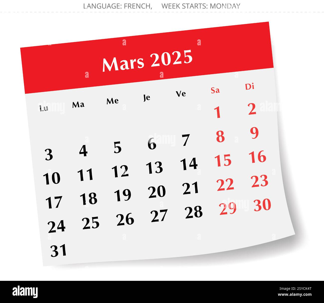 French calendar for march 2025. Vector illustration of a spring month ...