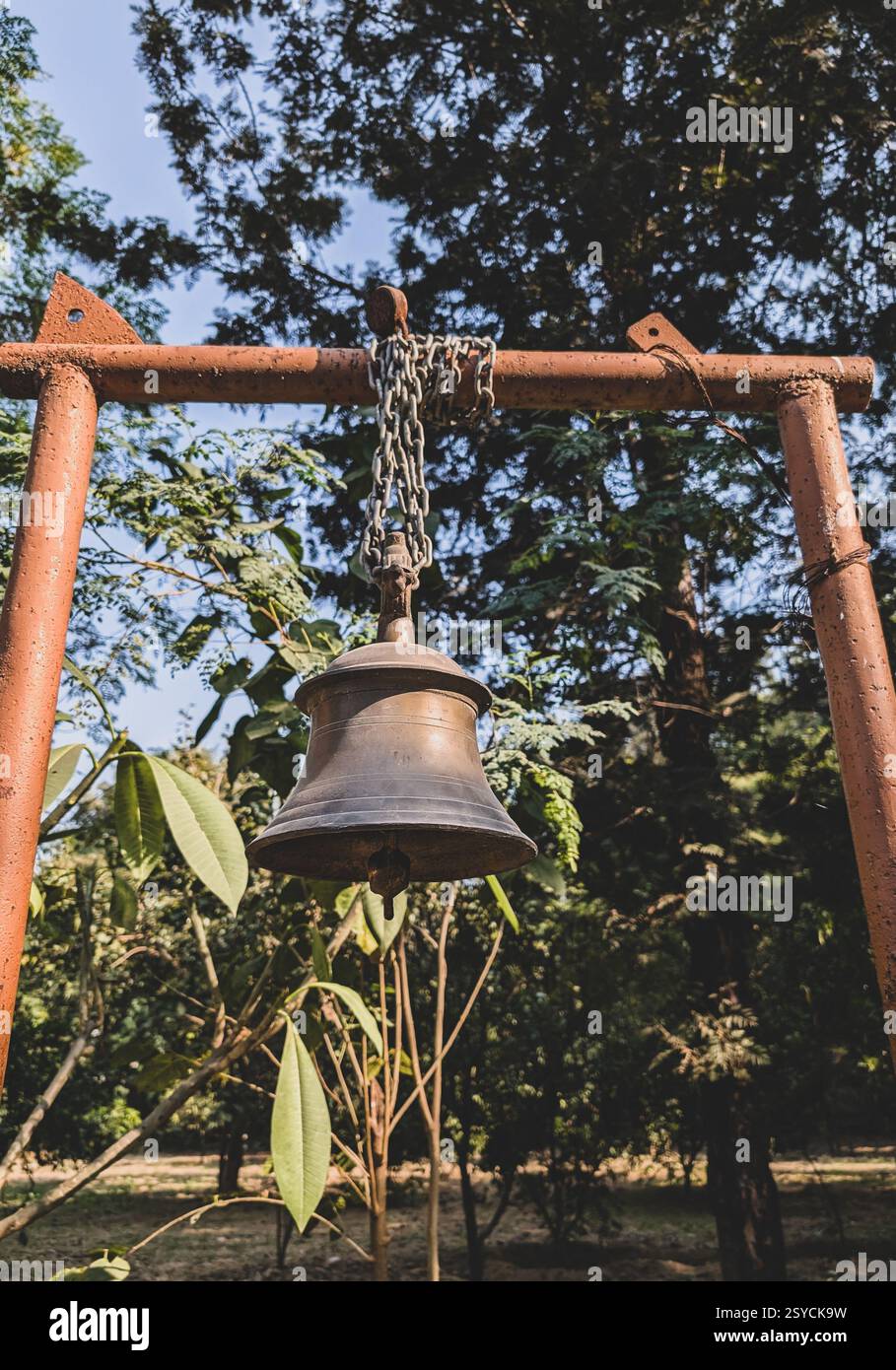 Elegant brass temple bell used for session time at a Vipassana ...