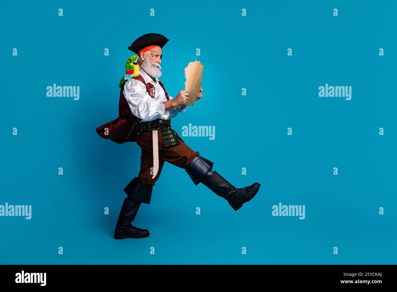 Full size photo of old funny pirate male hold map search treasure ...