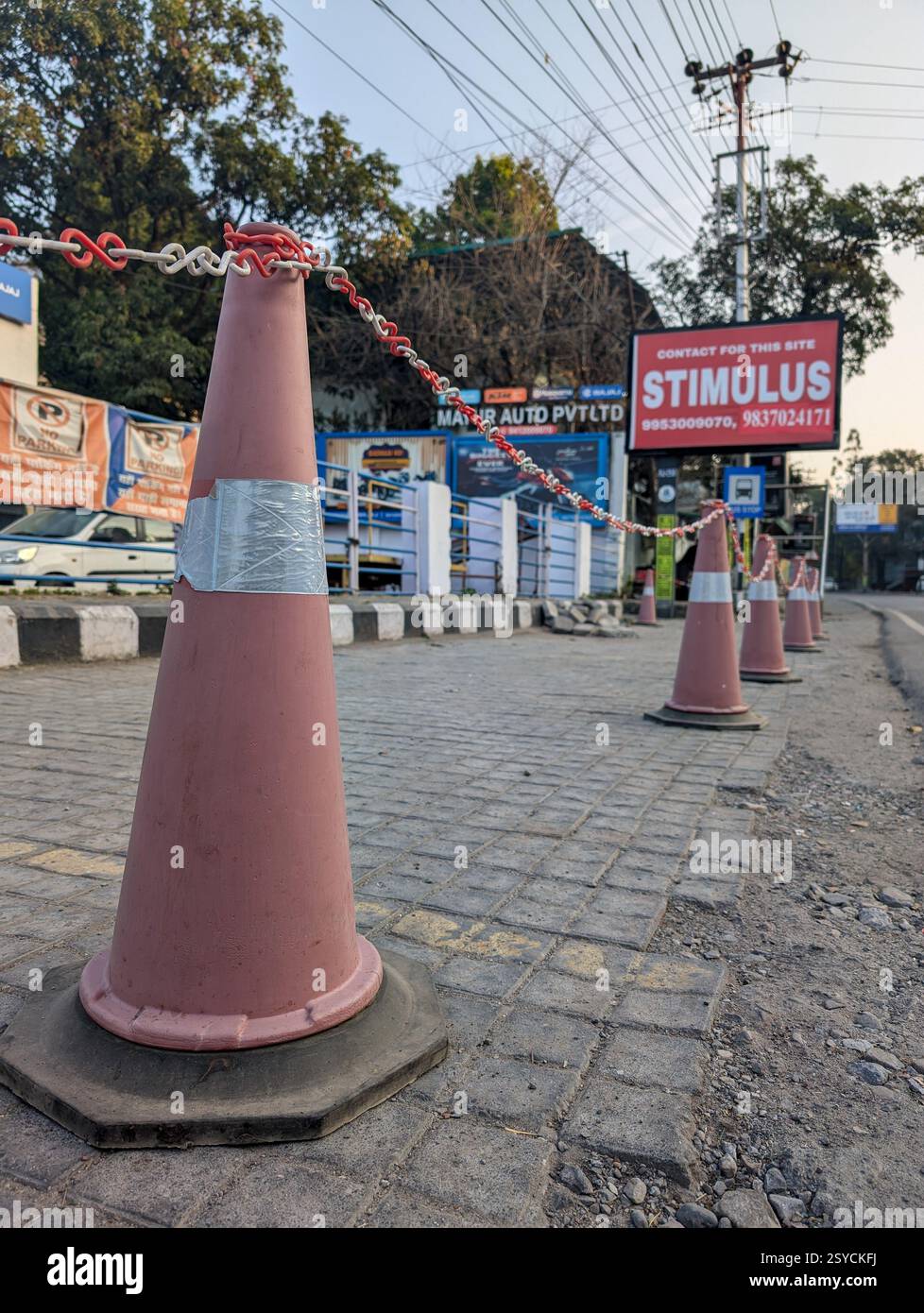 Feb15th2025 Dehradun Uttarakhand India. Traffic cones on pedestrian ...