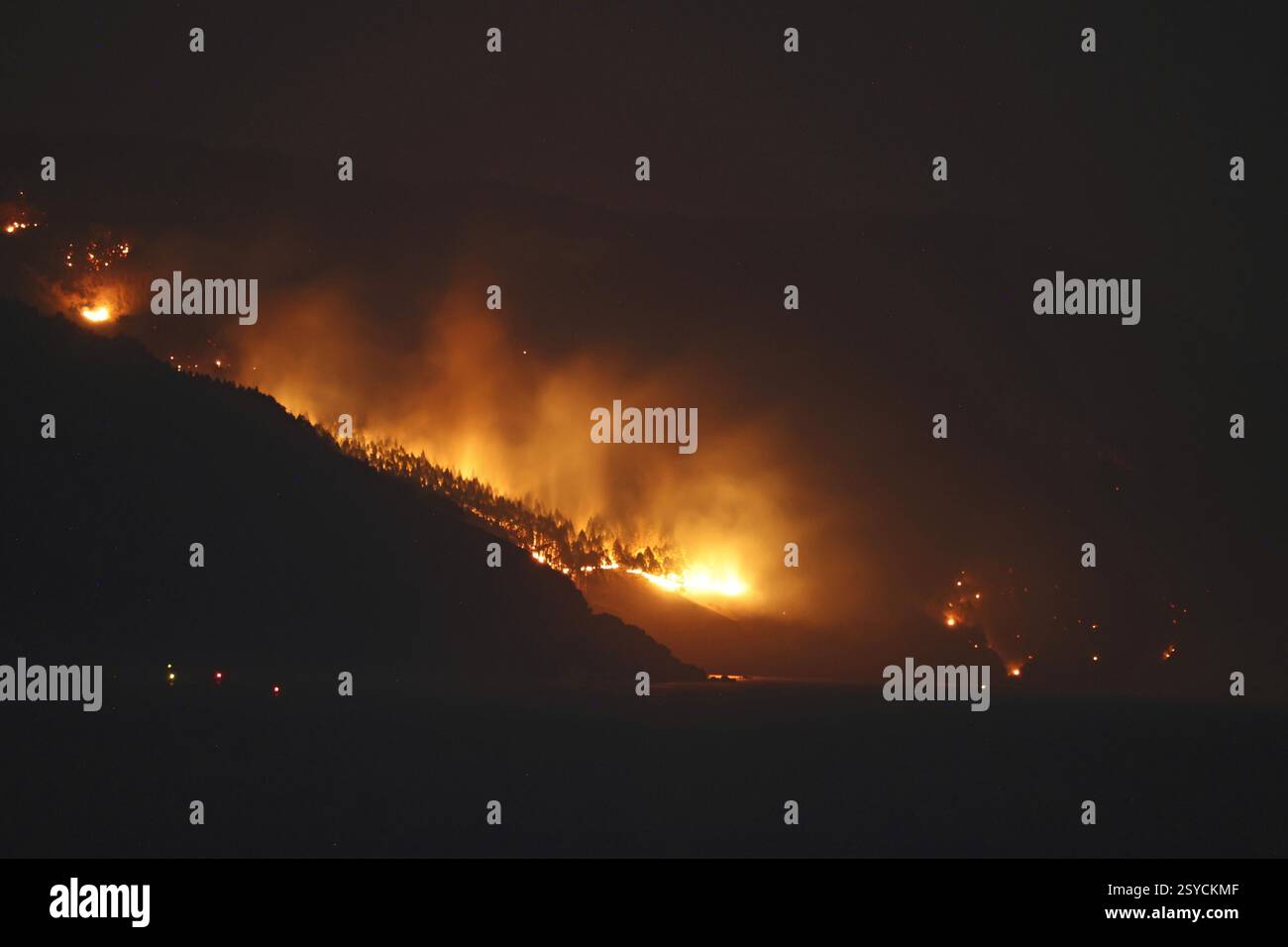 A forest fire continues to burn on the night of Feb. 28, 2025, on a ...