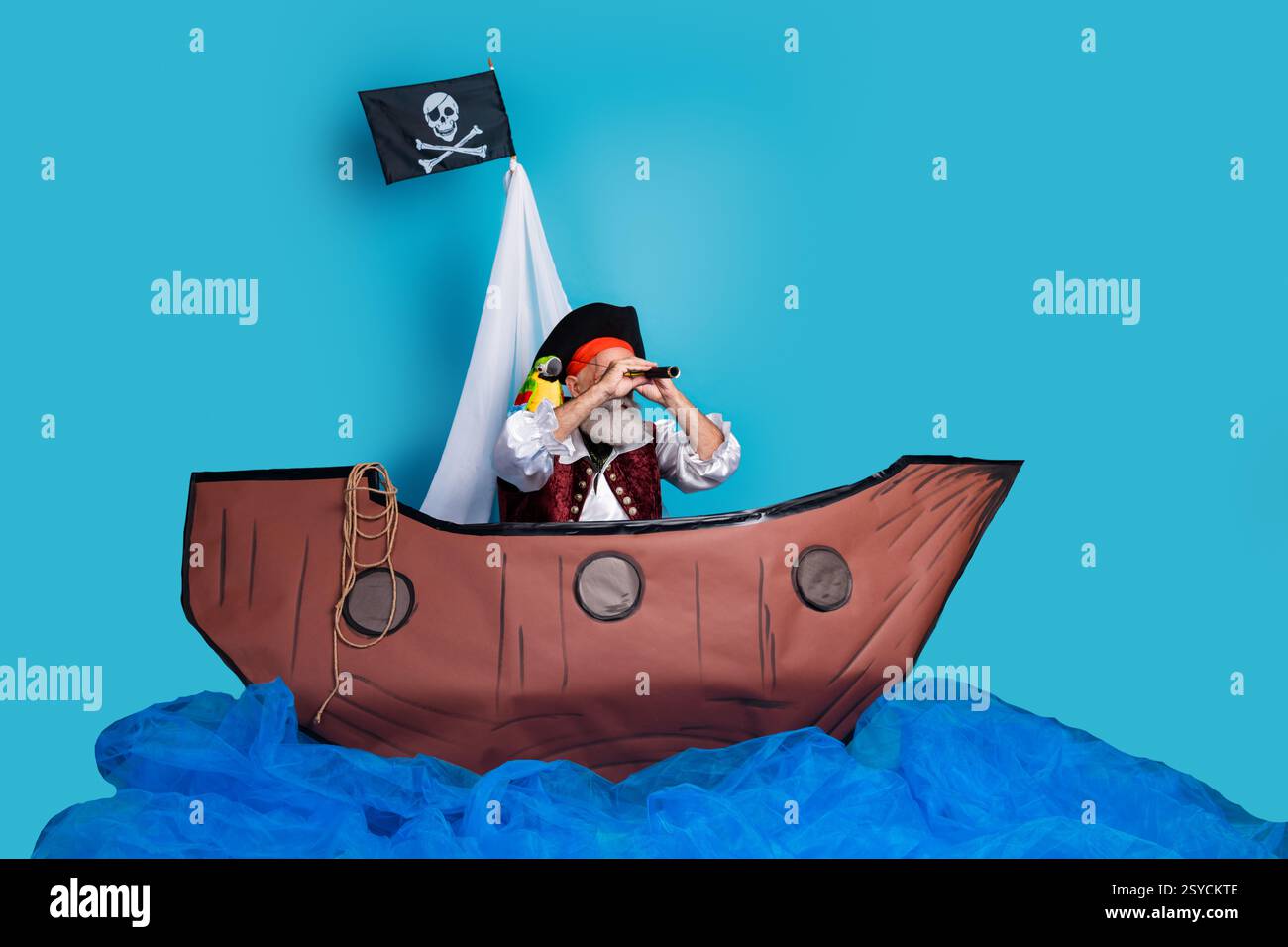 Photo of brave pirate in costume swimming wooden boat hold spy pipe ...