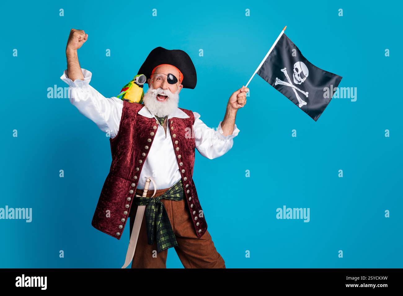 Photo portrait of old funny pirate male winning wave flag dressed ...