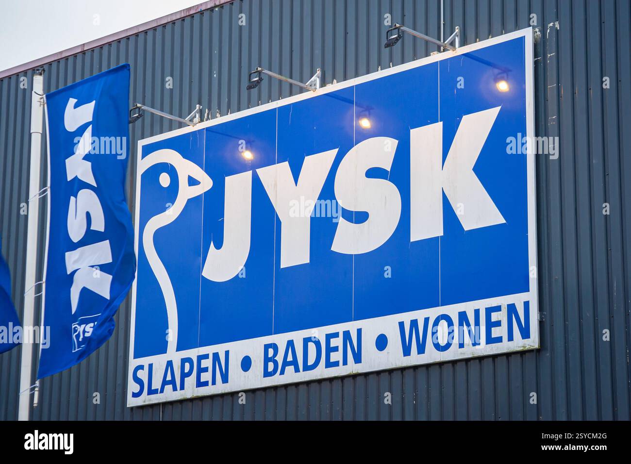 Logo and name of Jysk, a retail chain specialized in household goods ...