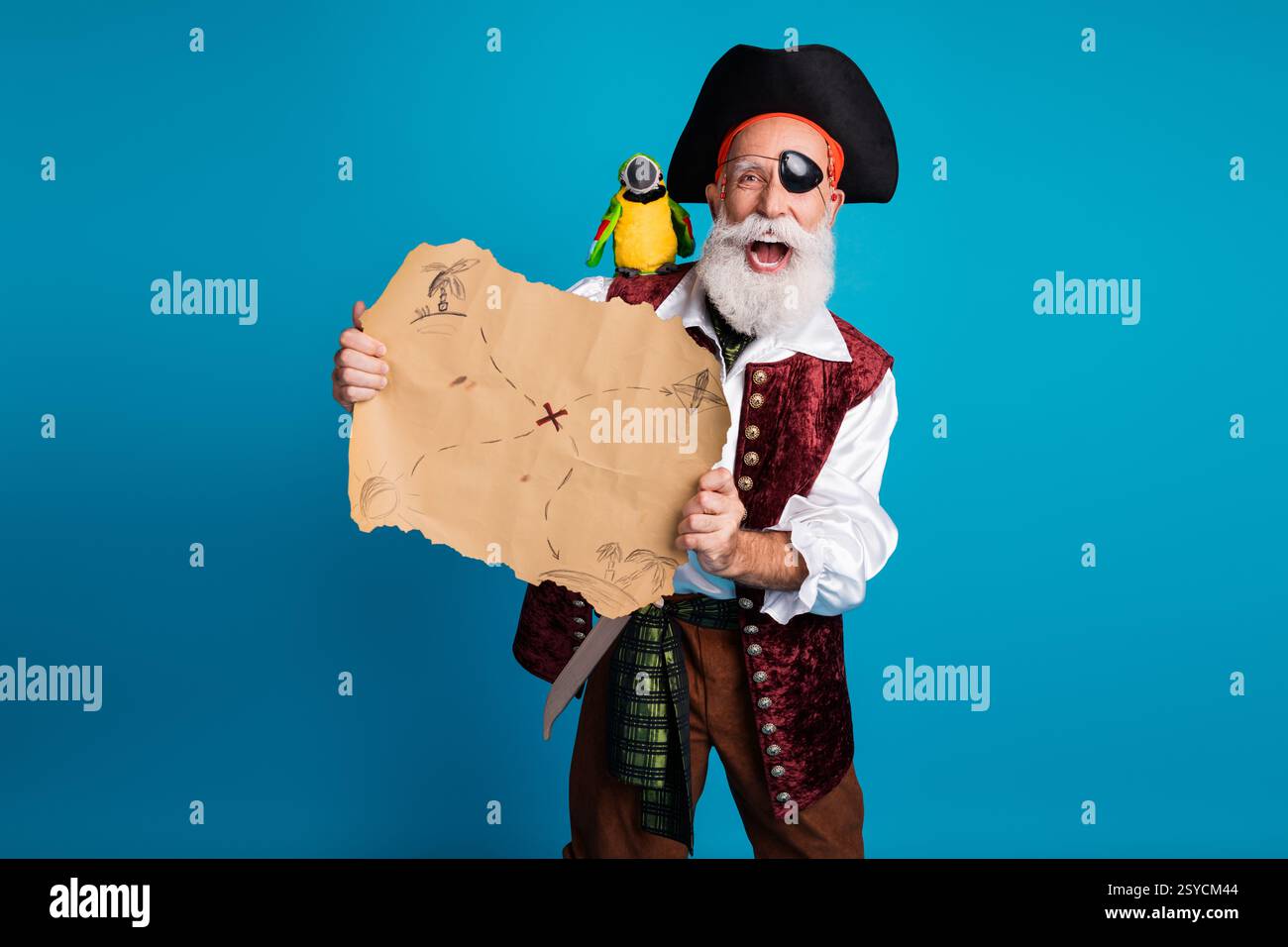 Photo portrait of old funny pirate male hold treasure map dressed ...