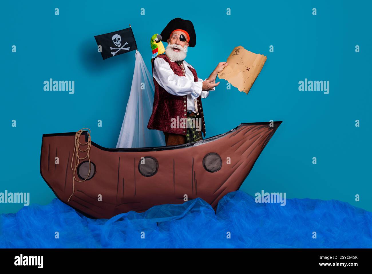 Photo of cheerful man wear pirate costume swimming in wooden boat ...