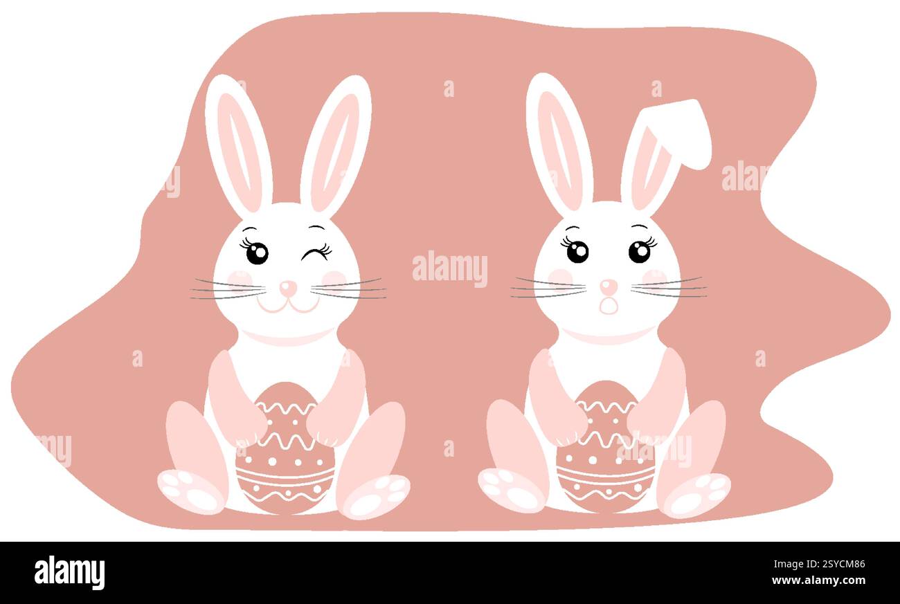 Colorful vector illustration of Easter bunnies with eggs celebrating ...