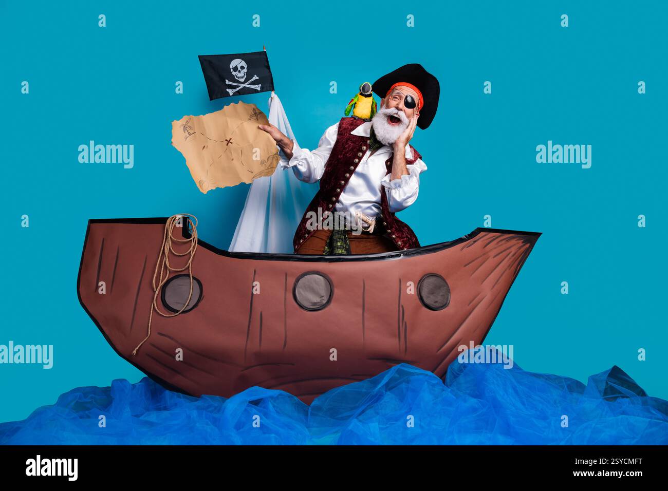 Photo of cheerful man pirate wear retro costume with pistol swim in sea ...