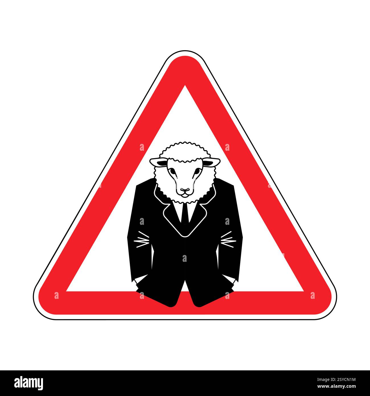 Attention boss ram. Caution businessman sheep. Red triangle danger sign ...
