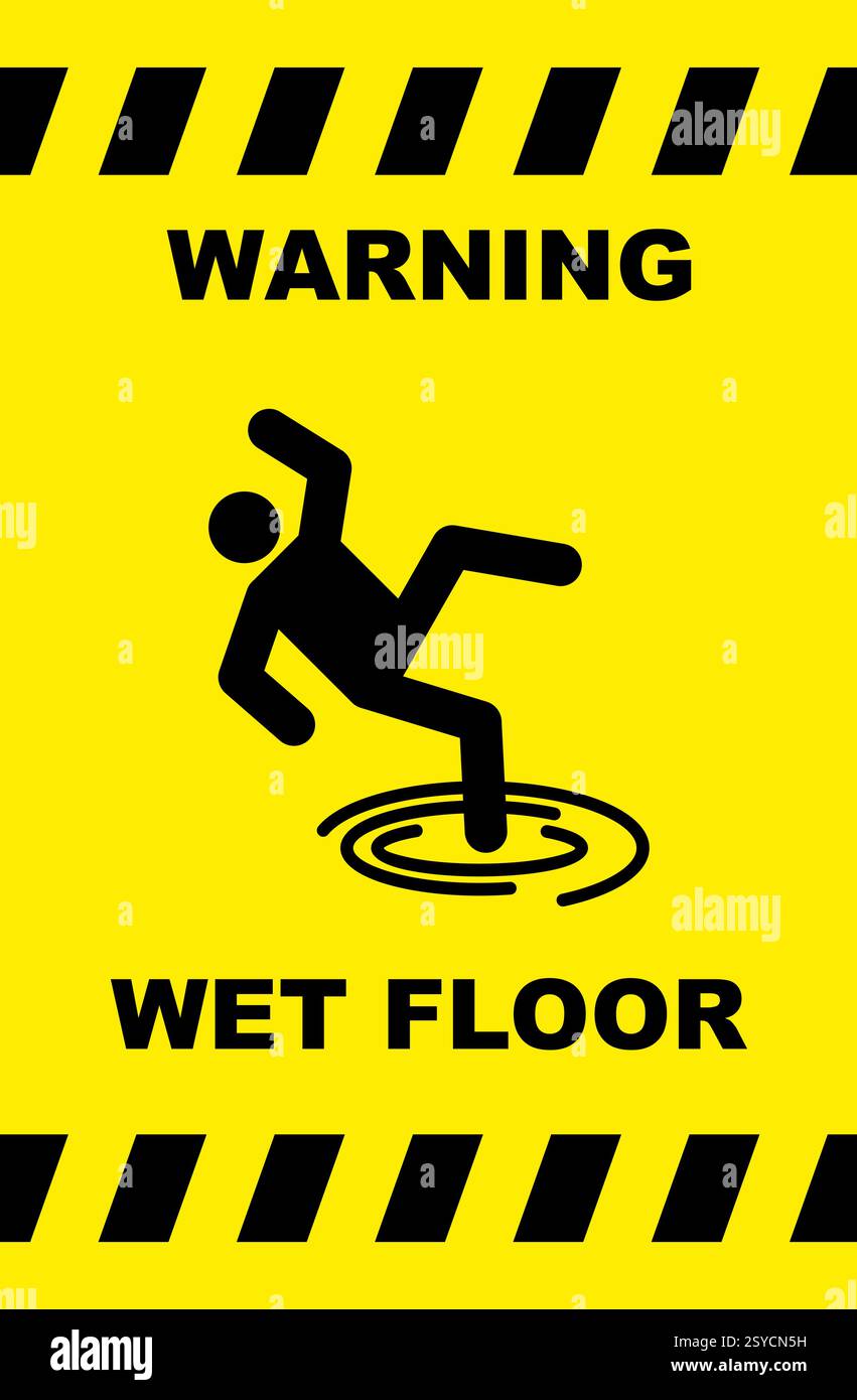Wet floor warning sign. Sign for public places where floors are washed ...