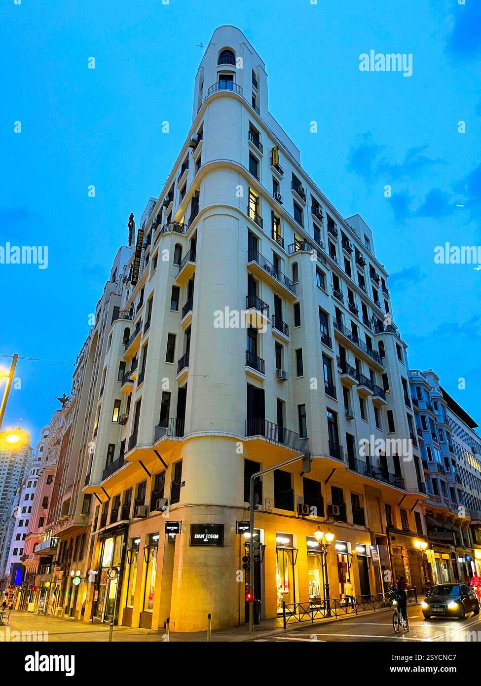 Facade of building, night view. Gran Via street, Madrid, Spain Stock ...