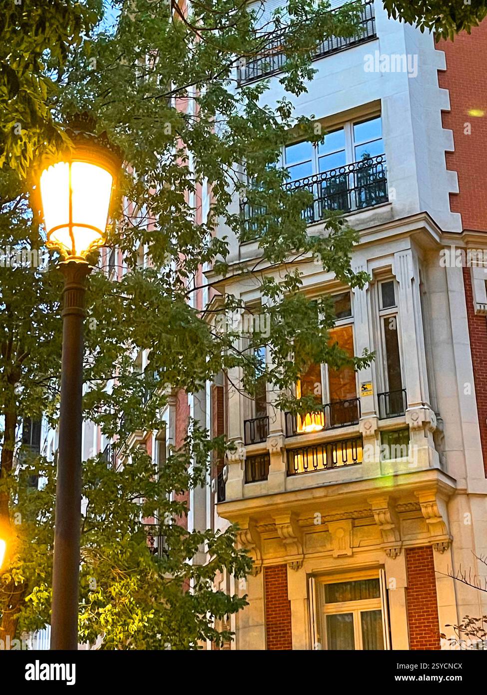 Lit up street light and facade of building. Jose Ortega y Gasset street ...
