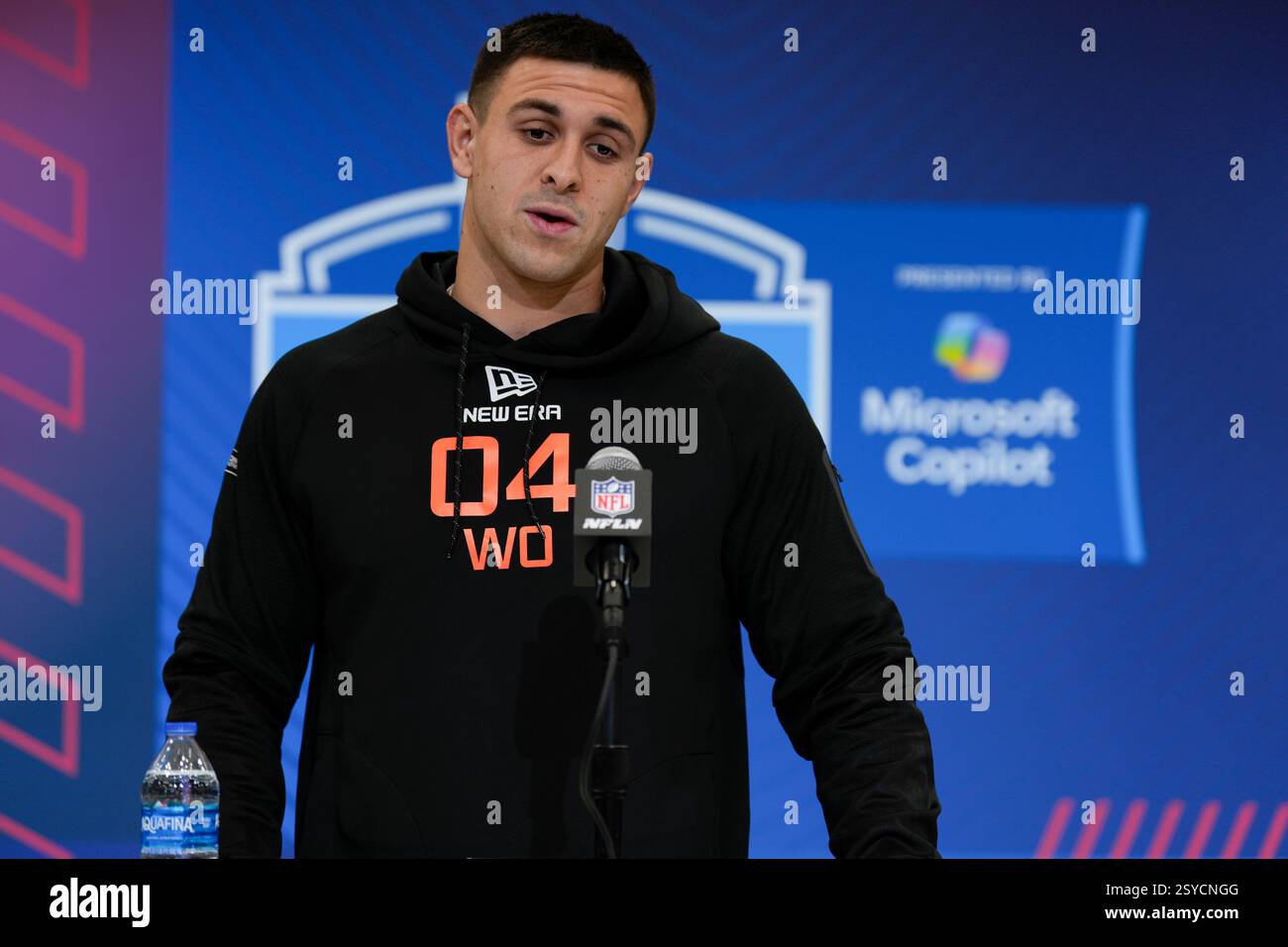 TCU wide receiver Jack Bech speaks during a press conference at the NFL ...