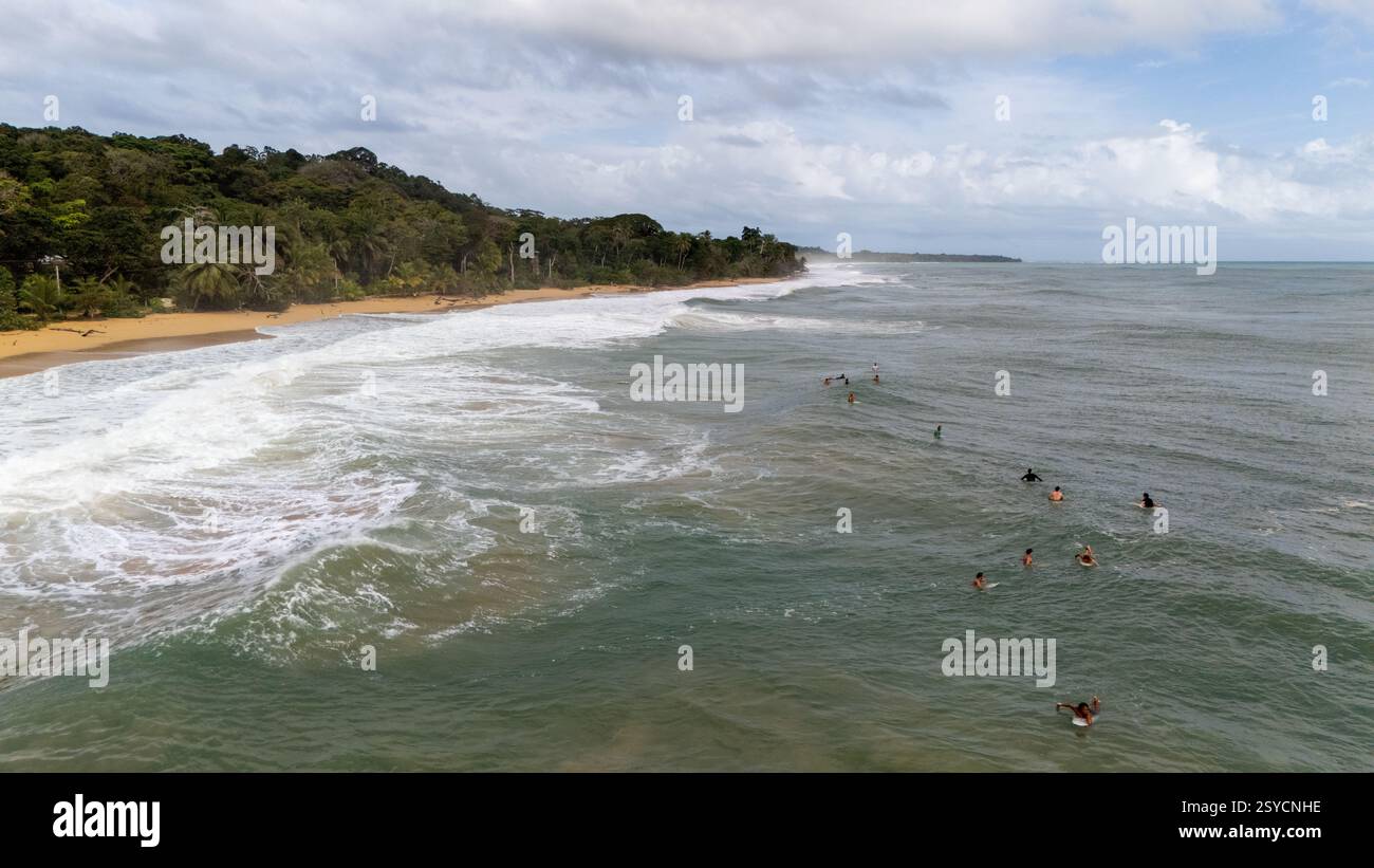 Aerial Drone Shot Looking down on a group of surfers in the caribbean ...