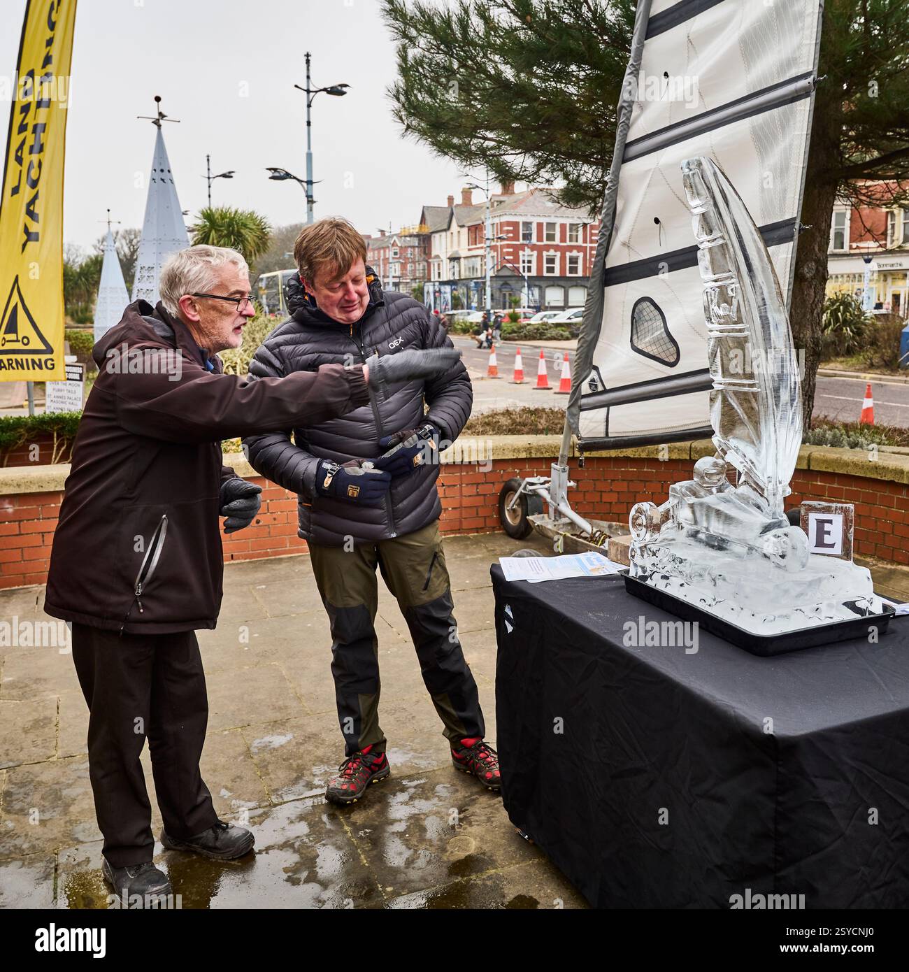 Fylde Ice Festival 2025. sand yacht cut in ice in St Annes Square Stock ...