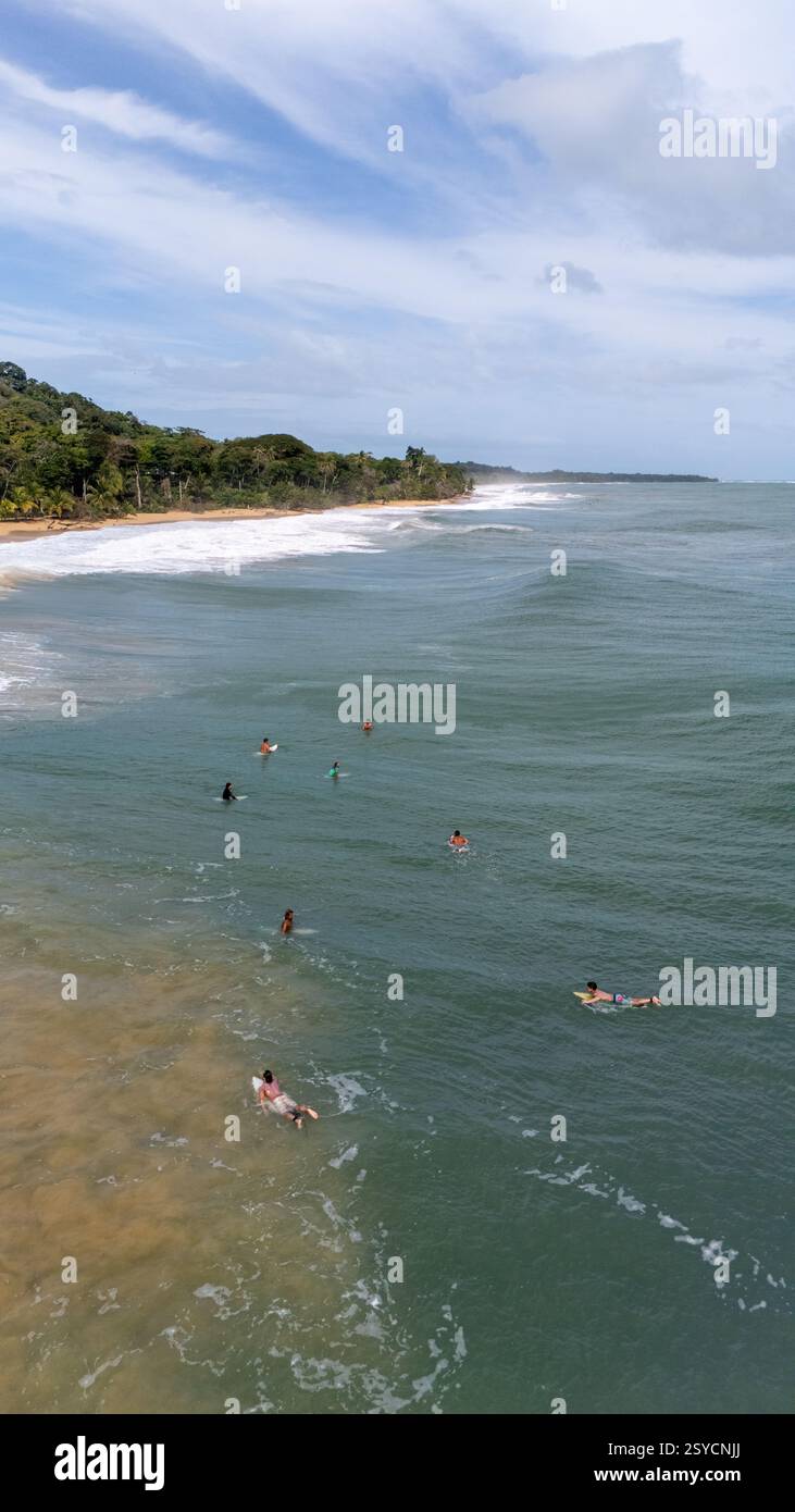 Aerial Drone Shot Looking down on a group of surfers in the caribbean ...