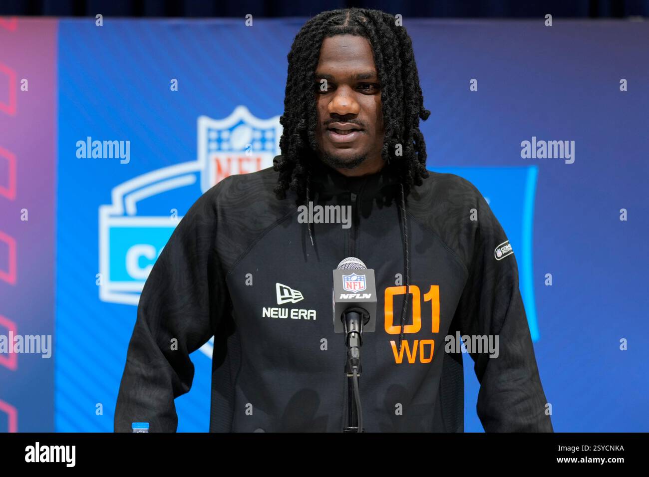 Arkansas wide receiver Andrew Armstrong speaks during a press ...