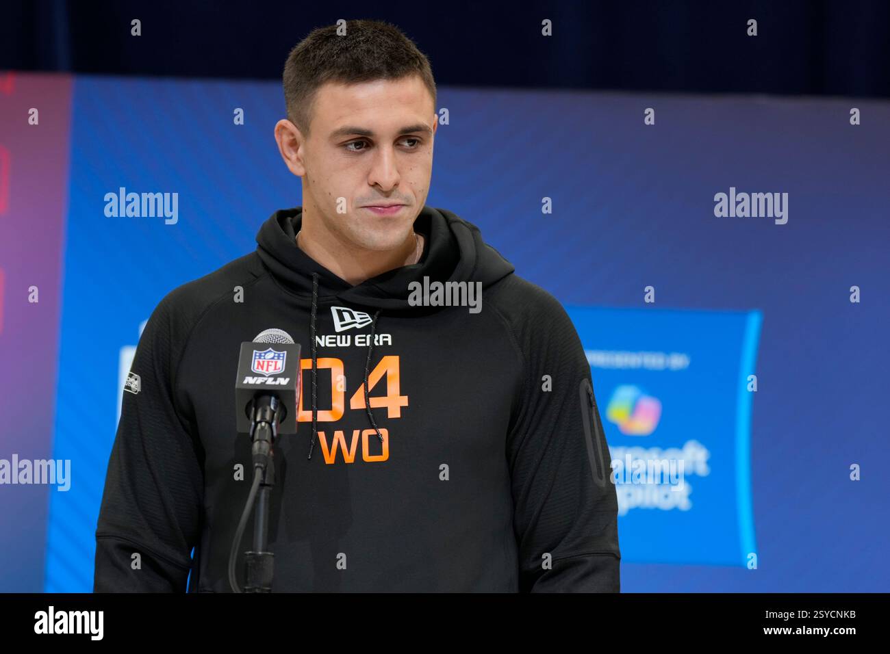 TCU wide receiver Jack Bech speaks during a press conference at the NFL ...