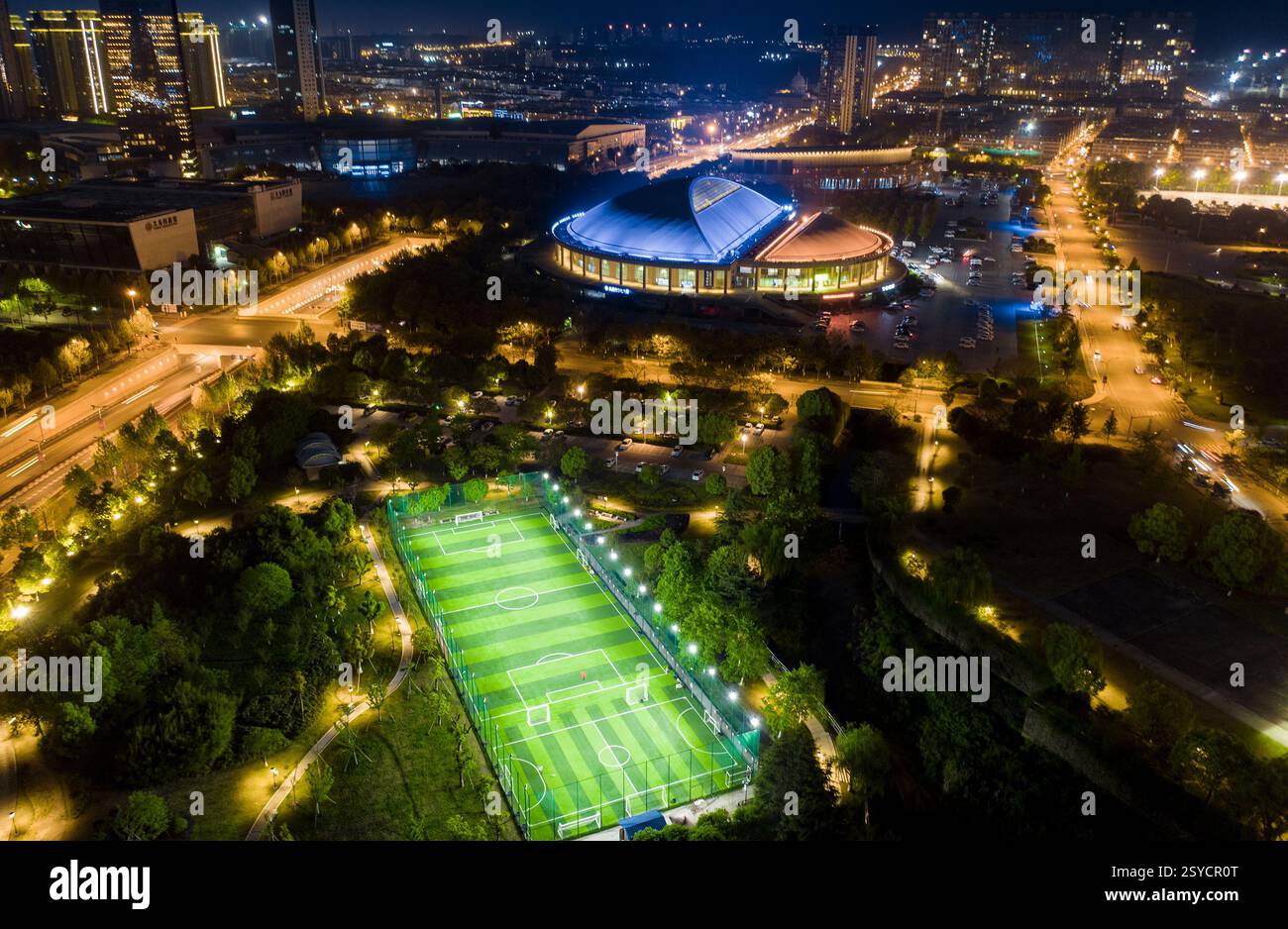 Aerial photography of Yiwu city at night, Zhejiang Province, China ...